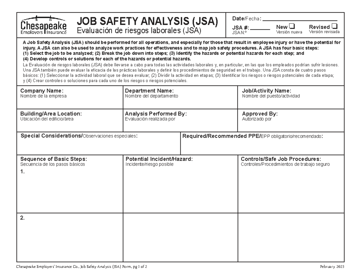 Job Safety Analysis (JSA) Form - English/Spanish Version 02 - Studocu