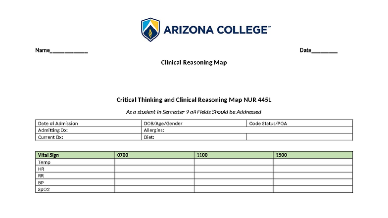 Clinical Reasoning Map for NUR 445L: Semester 9 Critical Thinking Guide ...