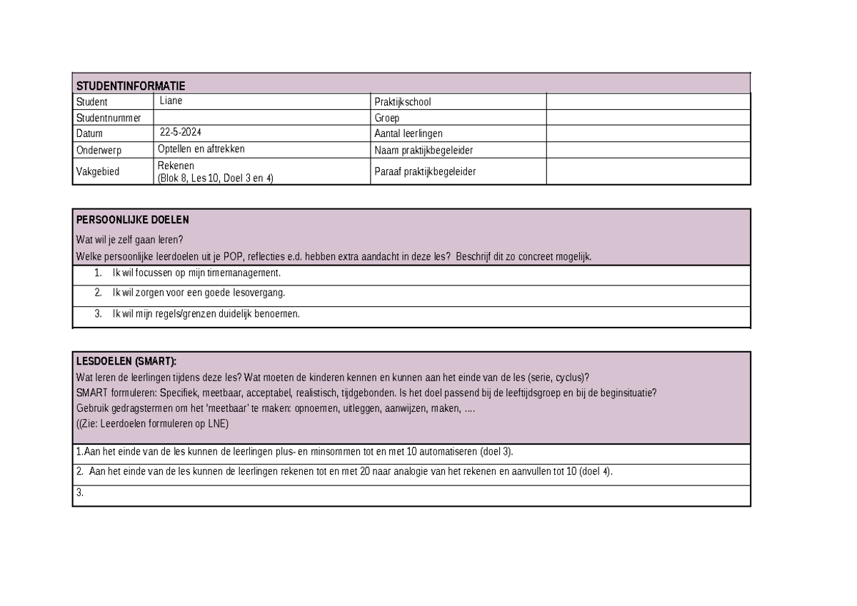 LVF Rekenen Les 10 Doelen en Reflecties - 22 Mei 2024 - Studeersnel