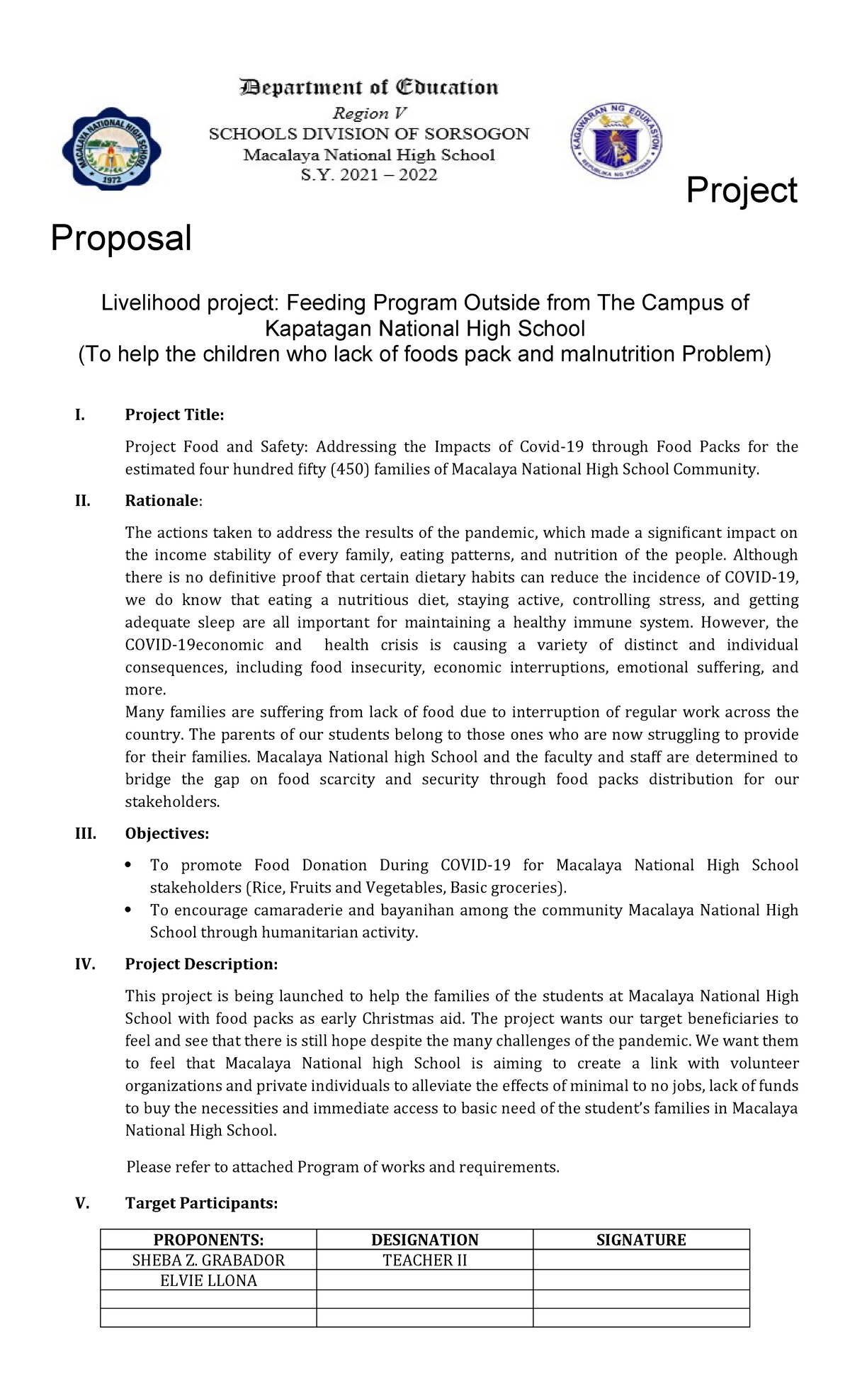 547182403 Project Proposal: Food Packs for Macalaya NH School Families ...