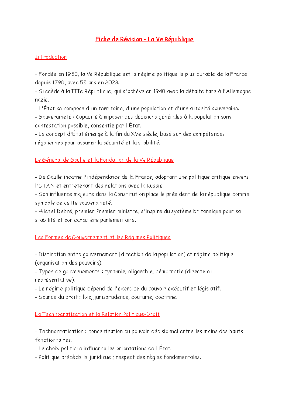 Fiche de Révision - La Ve République (Histoire Politique et ...