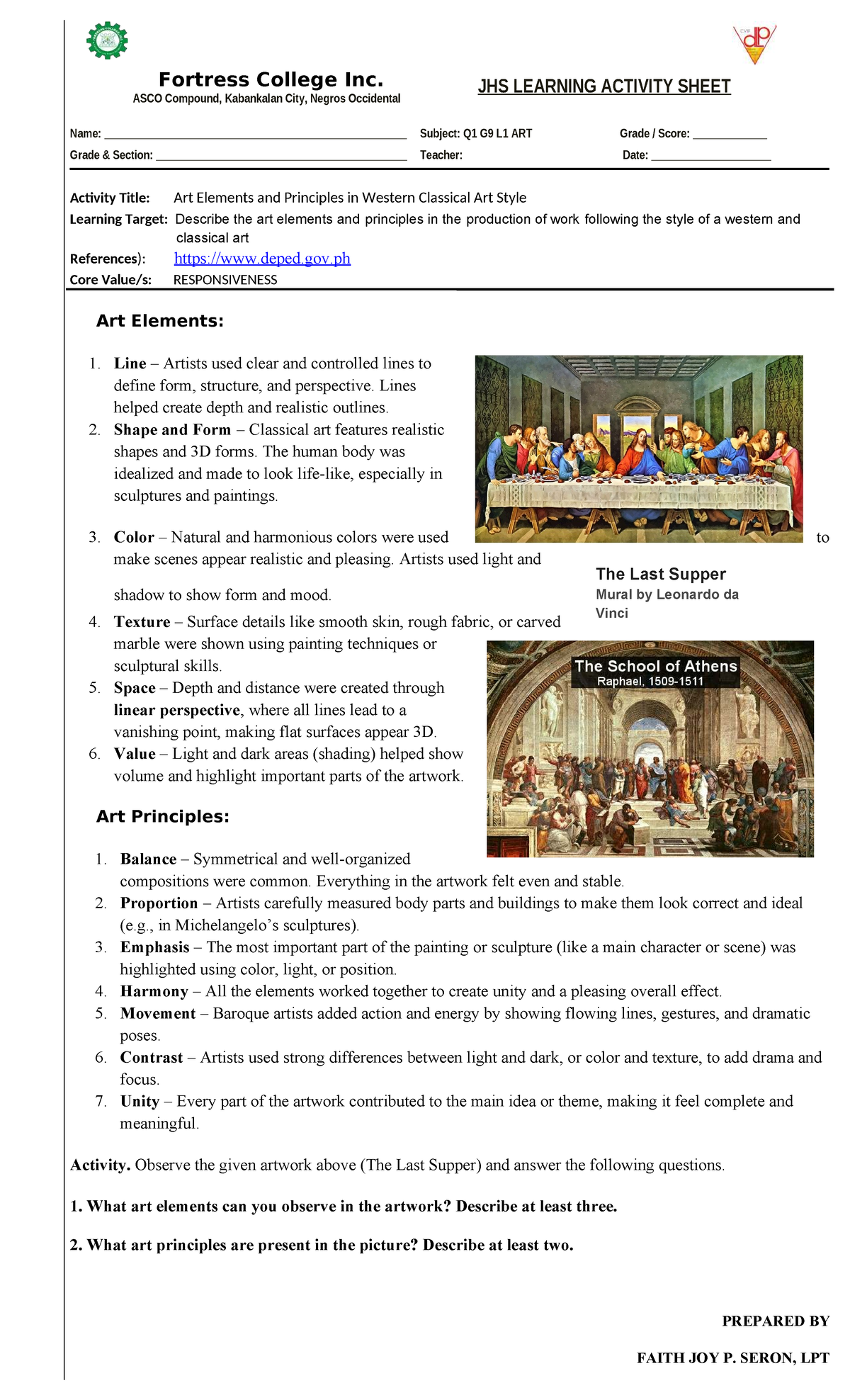 Q1 G9 L1 ART Learning Activity: Elements & Principles in Classical Art ...
