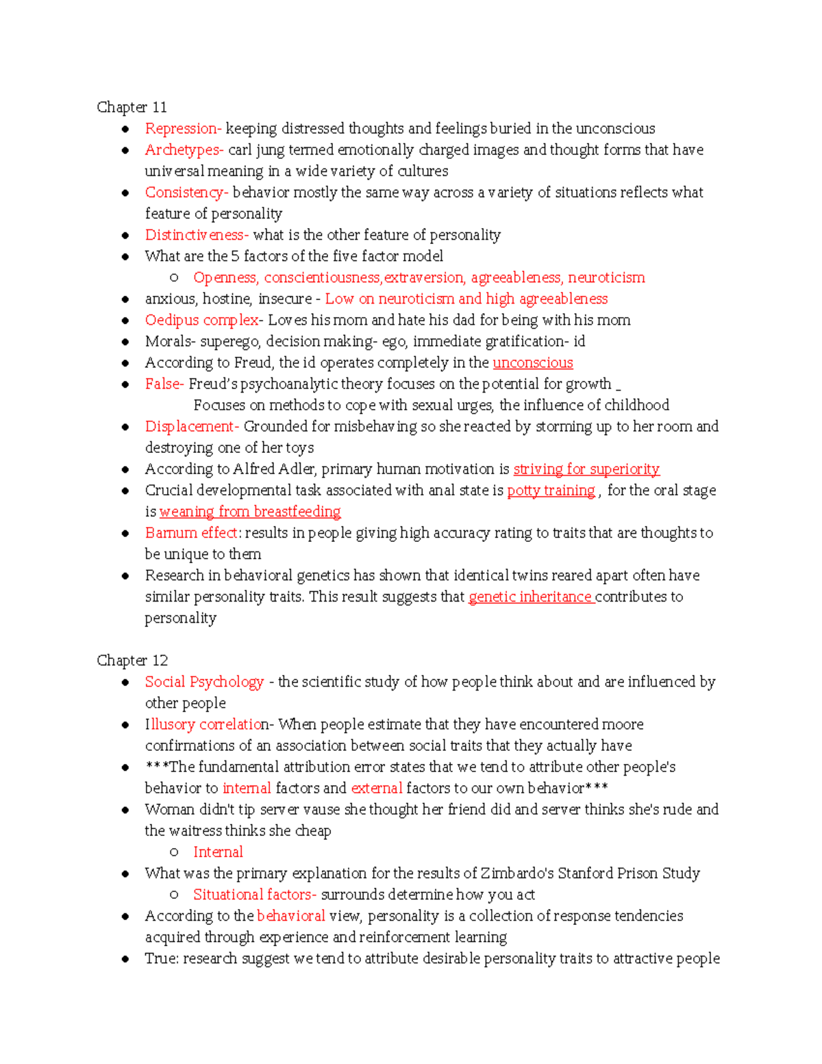 Exam 3 Review - Chapter 11 Repression- keeping distressed thoughts and ...