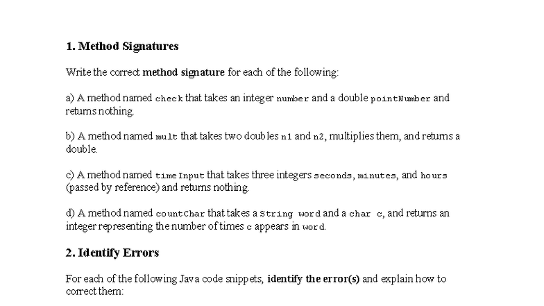 Methods Questions - Java Programming (CS101) - Studocu