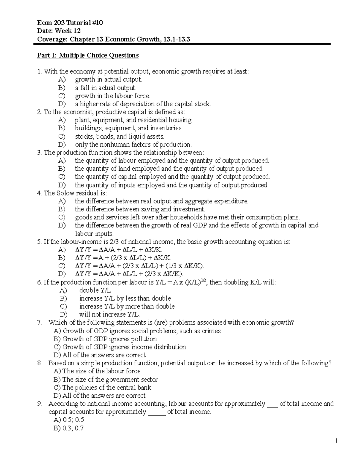 Tutorial Work - 1-10 - Econ 203 Tutorial # Date: Week 12 Coverage ...