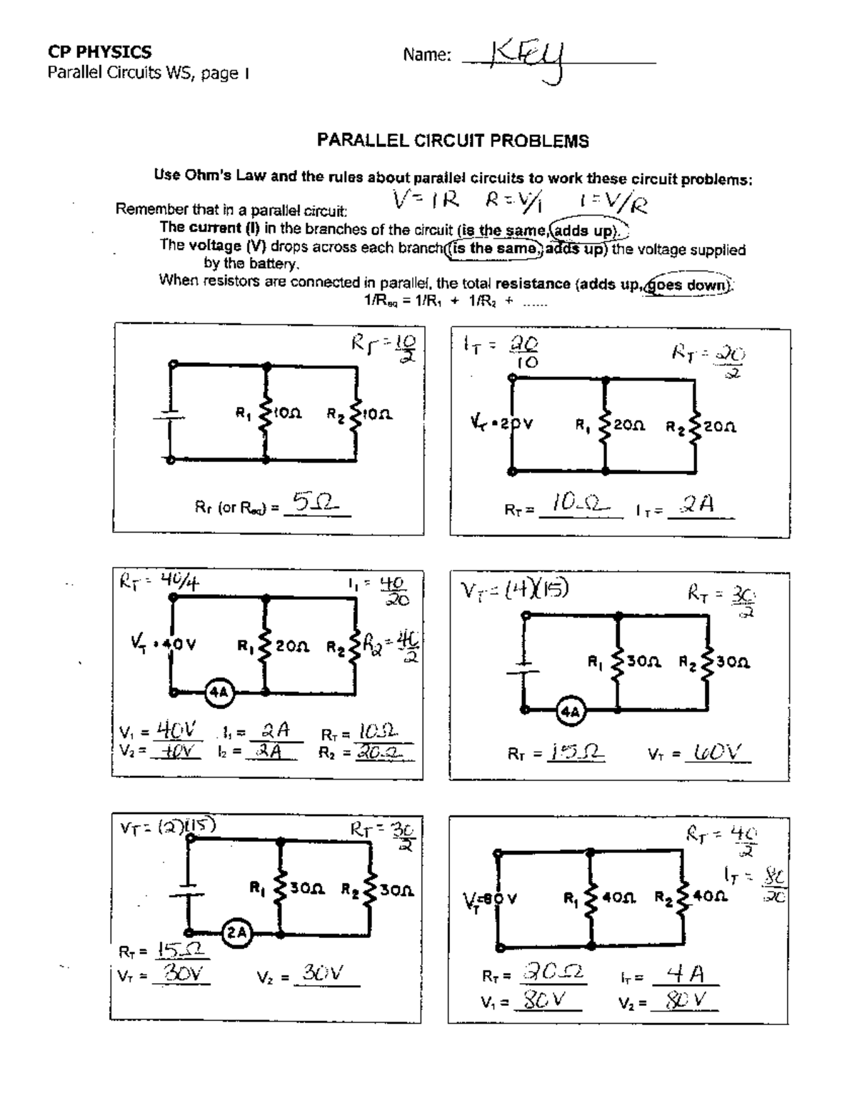 CP PHYSICS Parallel Circuits WS - Key Problems & Solutions - Studocu