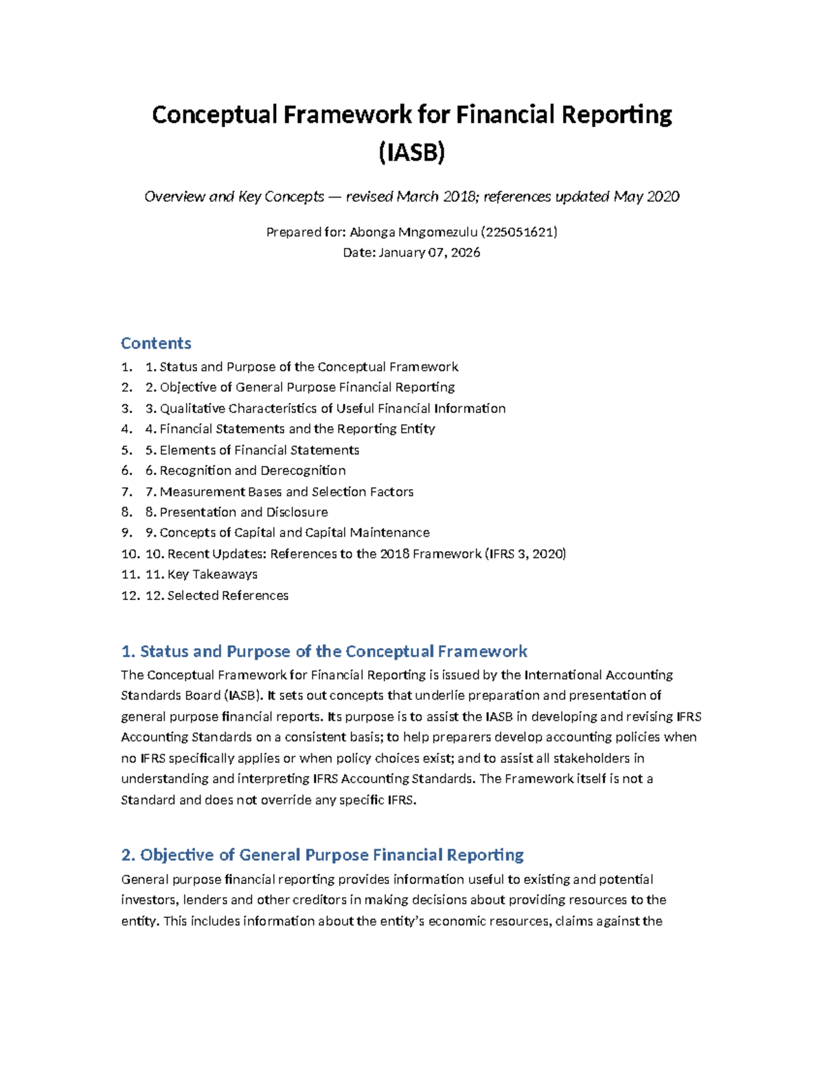 Conceptual Framework for Financial Reporting (IASB) Overview 2020 - Studocu