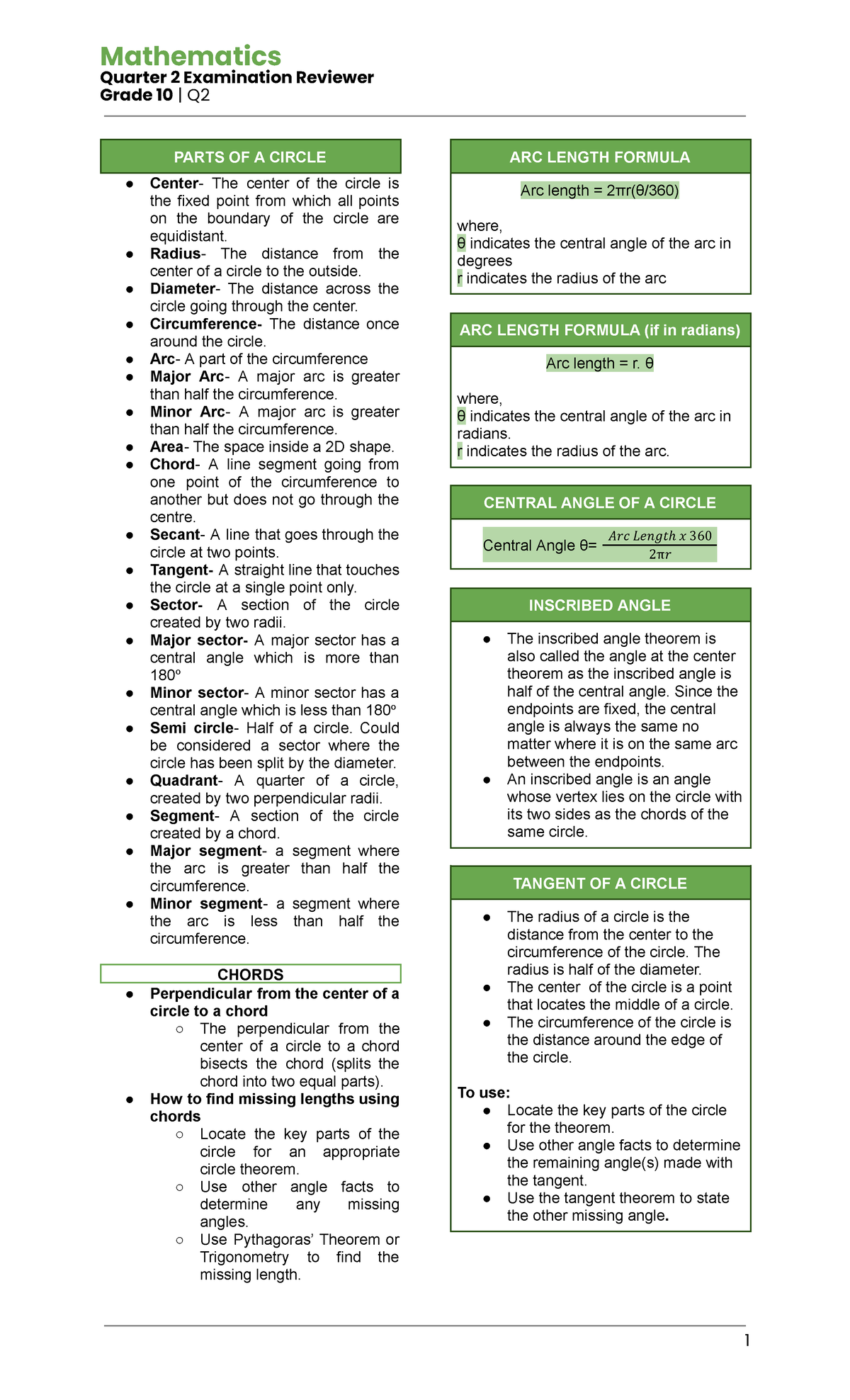 Mathematics Q2 Exam Reviewer: Parts of a Circle for Grade 10 - Studocu