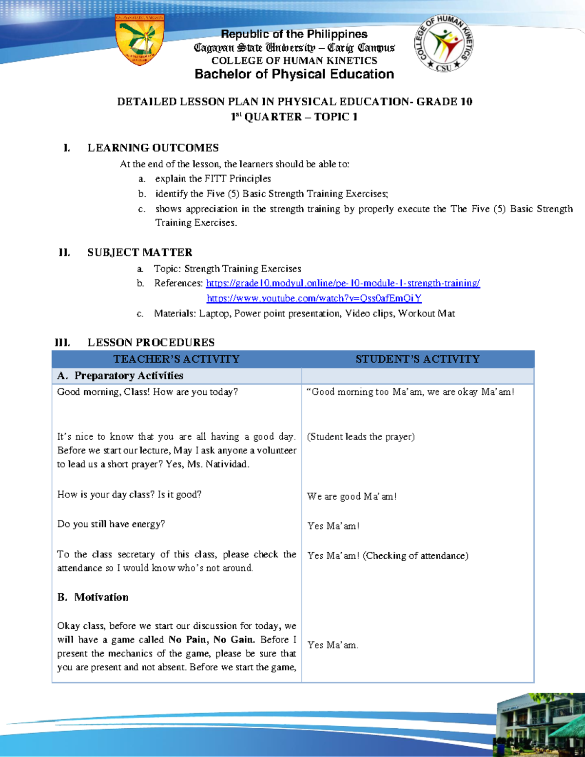 DLP PE 10 - FITT Principles & Strength Training Exercises Lesson Plan ...