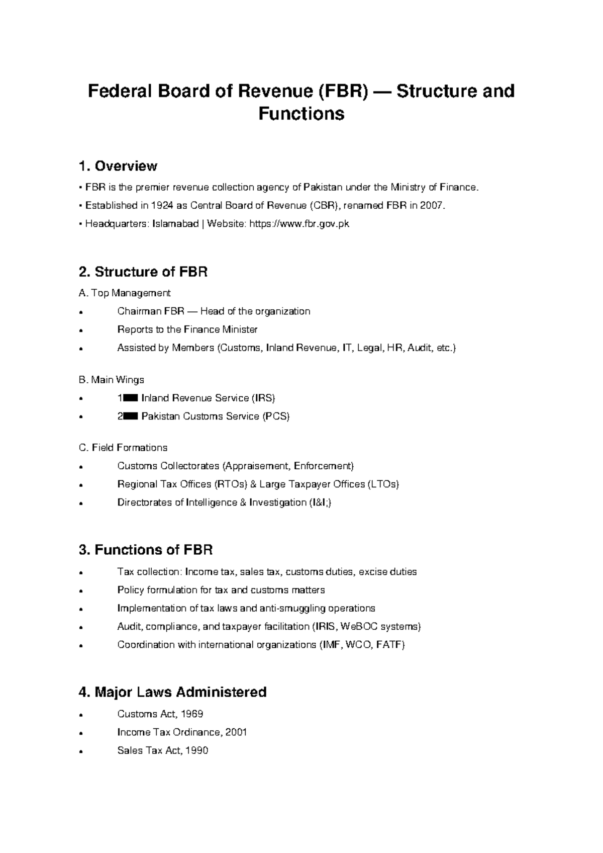 FBR Structure and Functions Overview - Sub Inspector Customs - Studocu