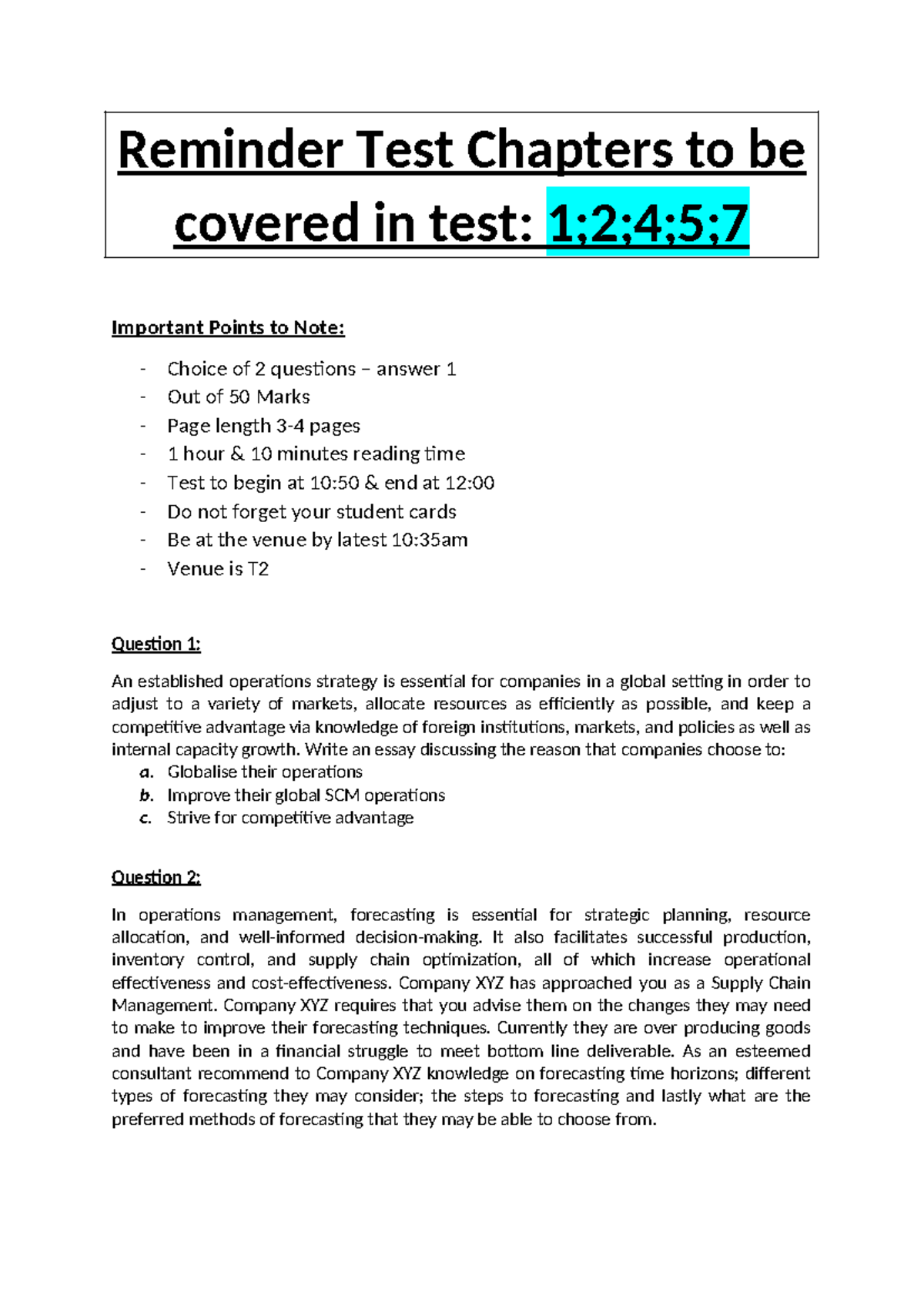 Test Revision Questions - Reminder Test Chapters to be covered in test ...