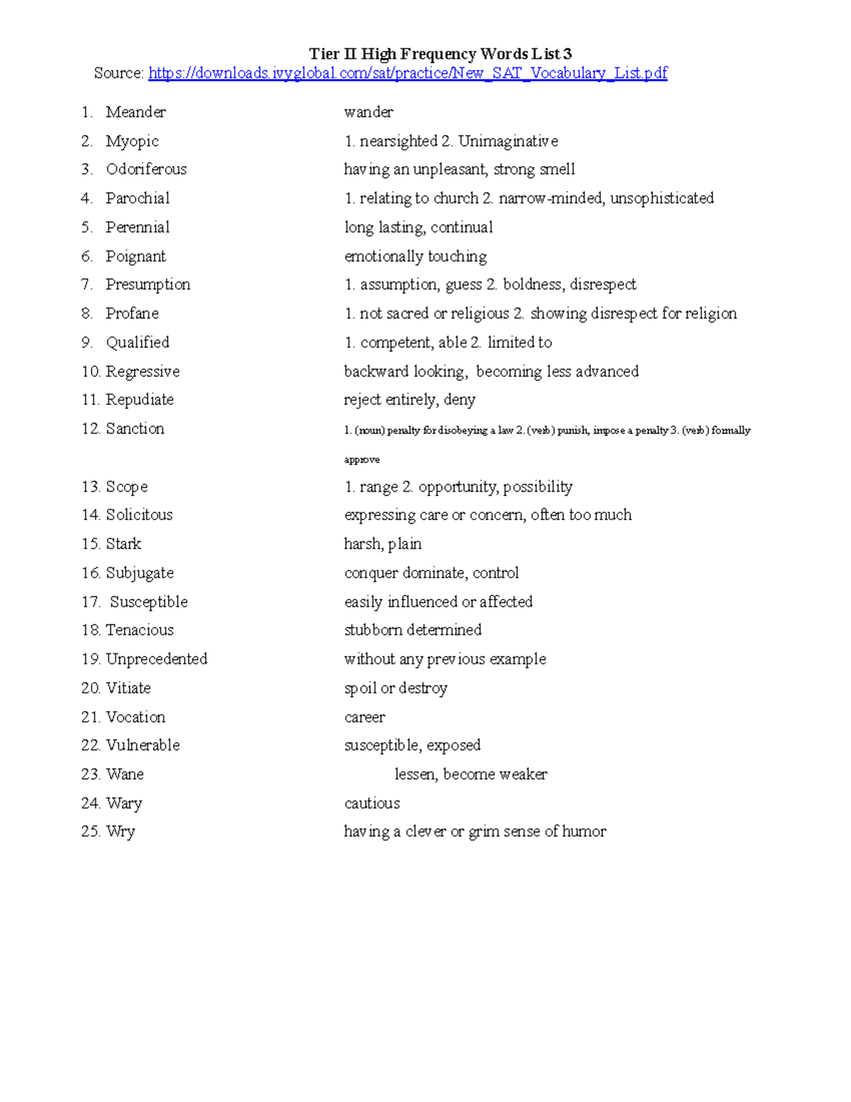 Tier II High Frequency Words List 3 for SAT Prep - Studocu