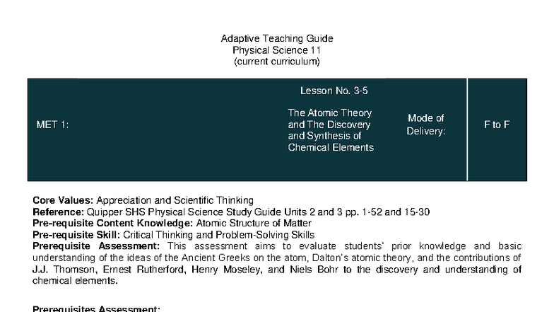 Physical Science 11: Lesson MET 1 - The Atomic Theory & Chemical ...