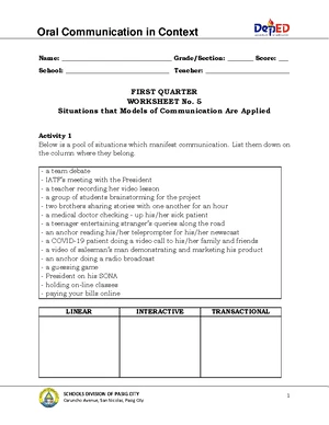 Oral Communication (Q1) Worksheet No. 13: Types of Speech Styles - Studocu