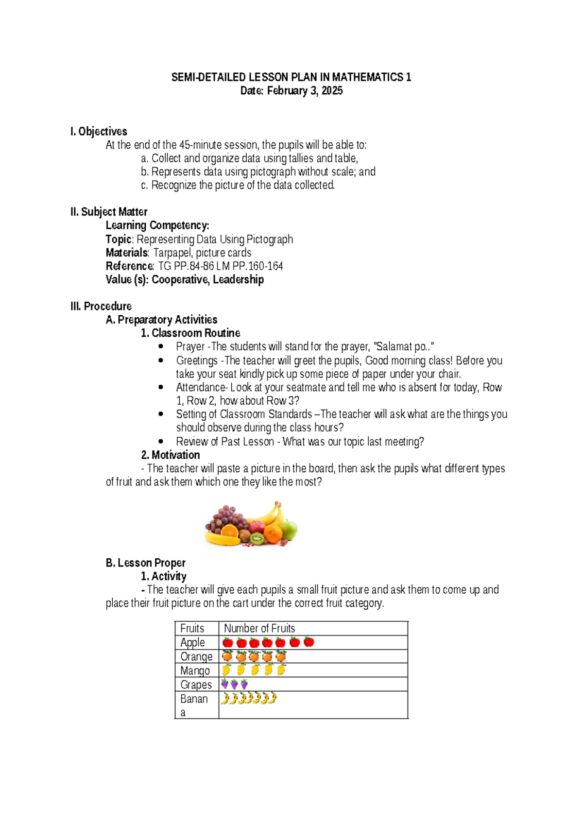 LP Grade 1: Lesson Plan on Data Representation Using Pictographs - Studocu