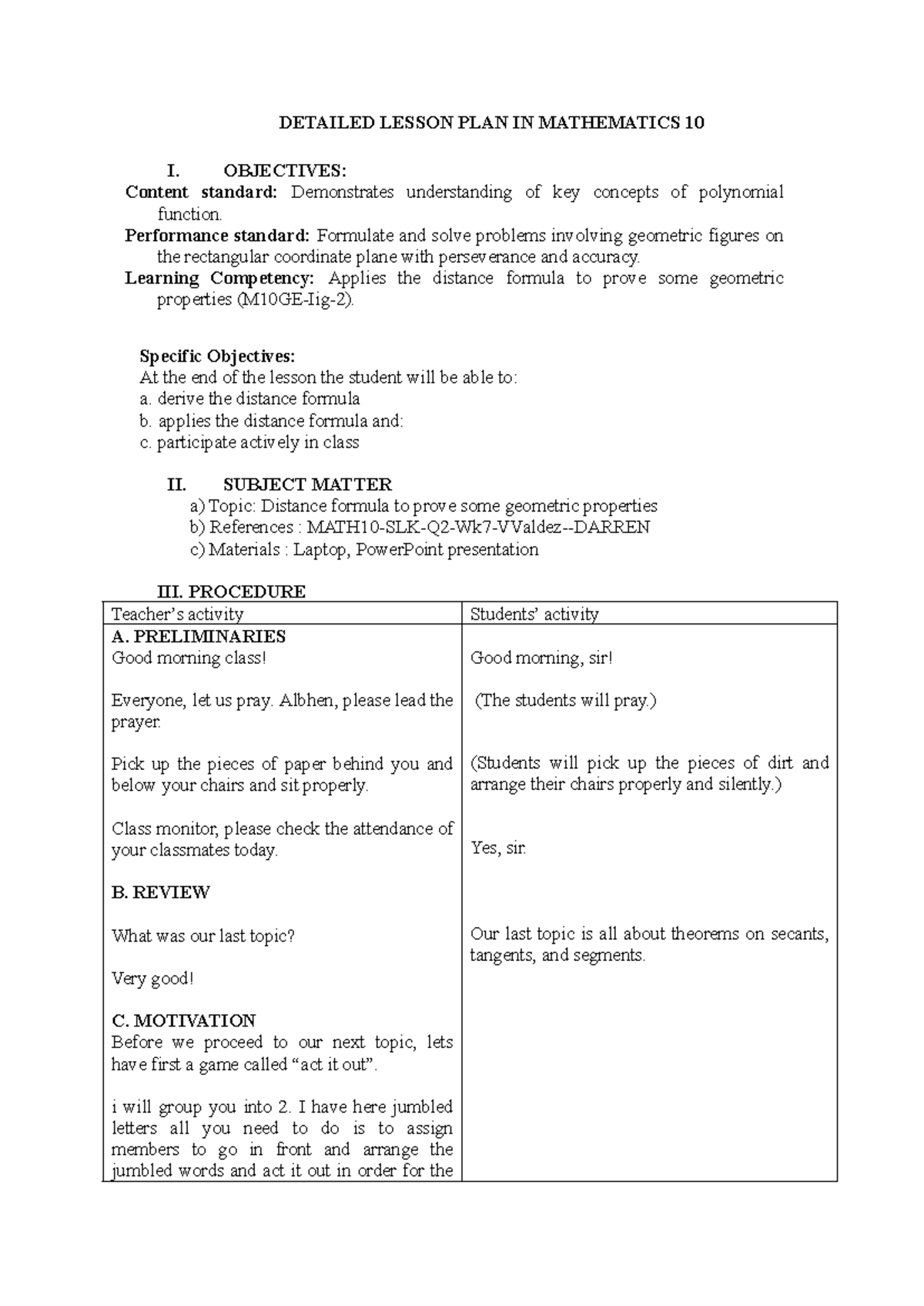 Mathematics 10: Detailed Lesson Plan on Distance Formula - Studocu