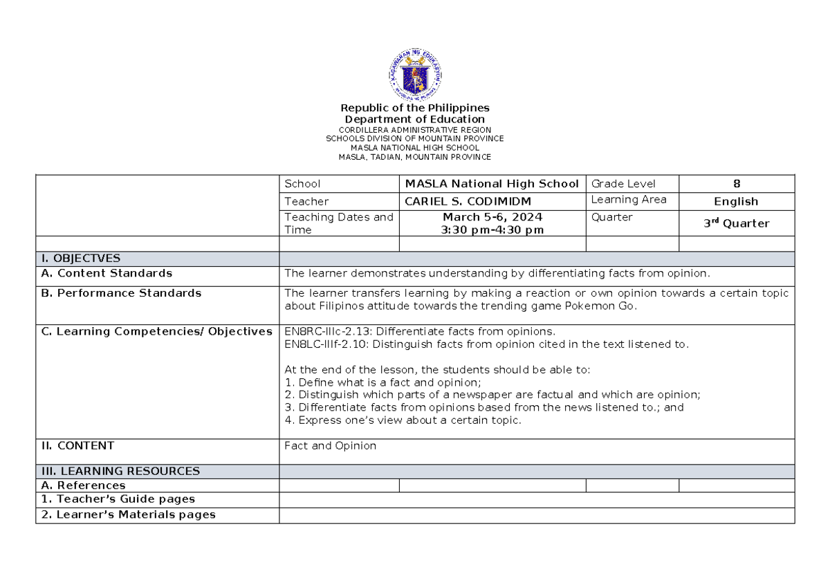 Grade 8 English Lesson Plan: Facts vs. Opinions (March 2024) - Studocu