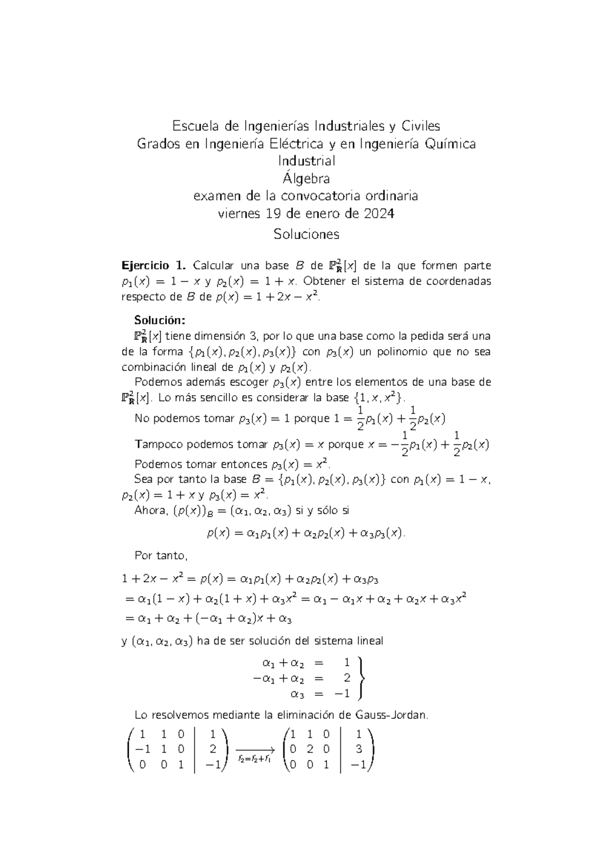 Examen Ordinario de Álgebra Eléctrica 2324 - Soluciones y Ejercicios ...