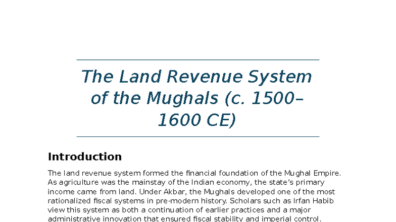 Mughal Land Revenue System (HIST 101) - An Overview and Analysis - Studocu
