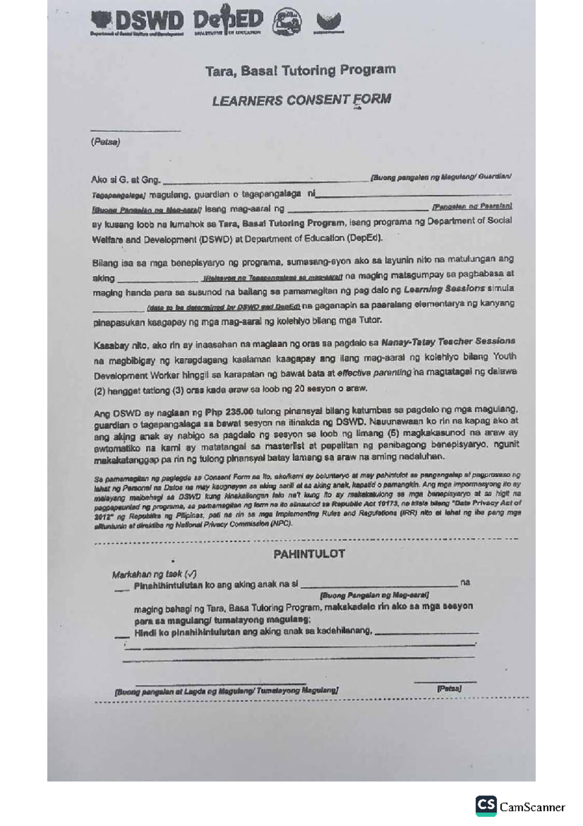 DSWD-DepEd Tara Basa Tutoring Program Learners Consent Form - Studocu