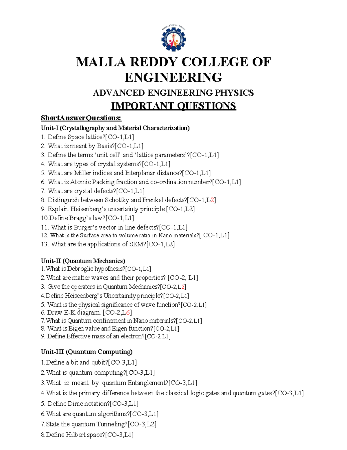 MALLA REDDY COLLEGE OF ENGINEERING ADVANCED ENGINEERING PHYSICS ...