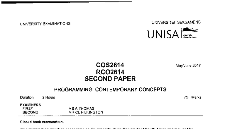 COS2614 2017 Exam Past Paper: Programming Concepts and UML - Studocu