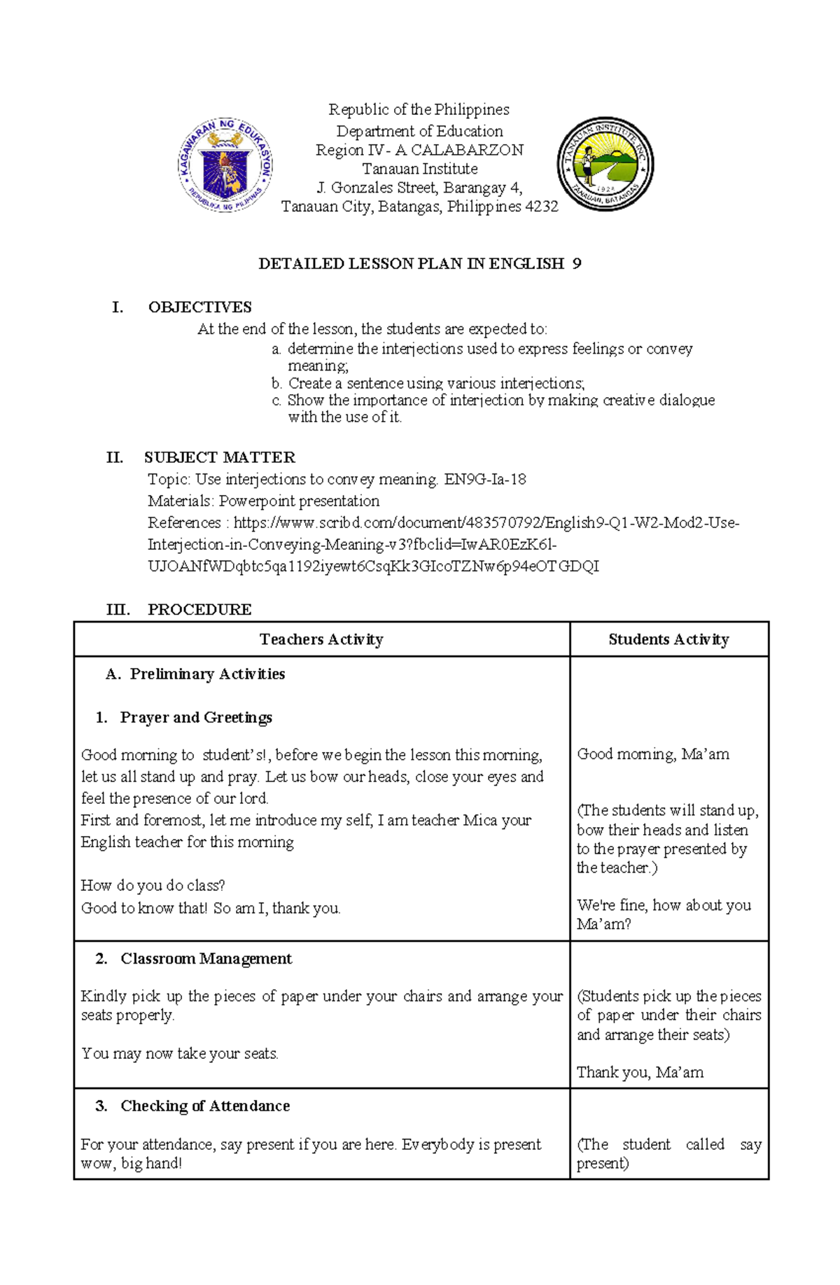 Detailed Lesson Plan in English 9: Use of Interjections to Convey ...