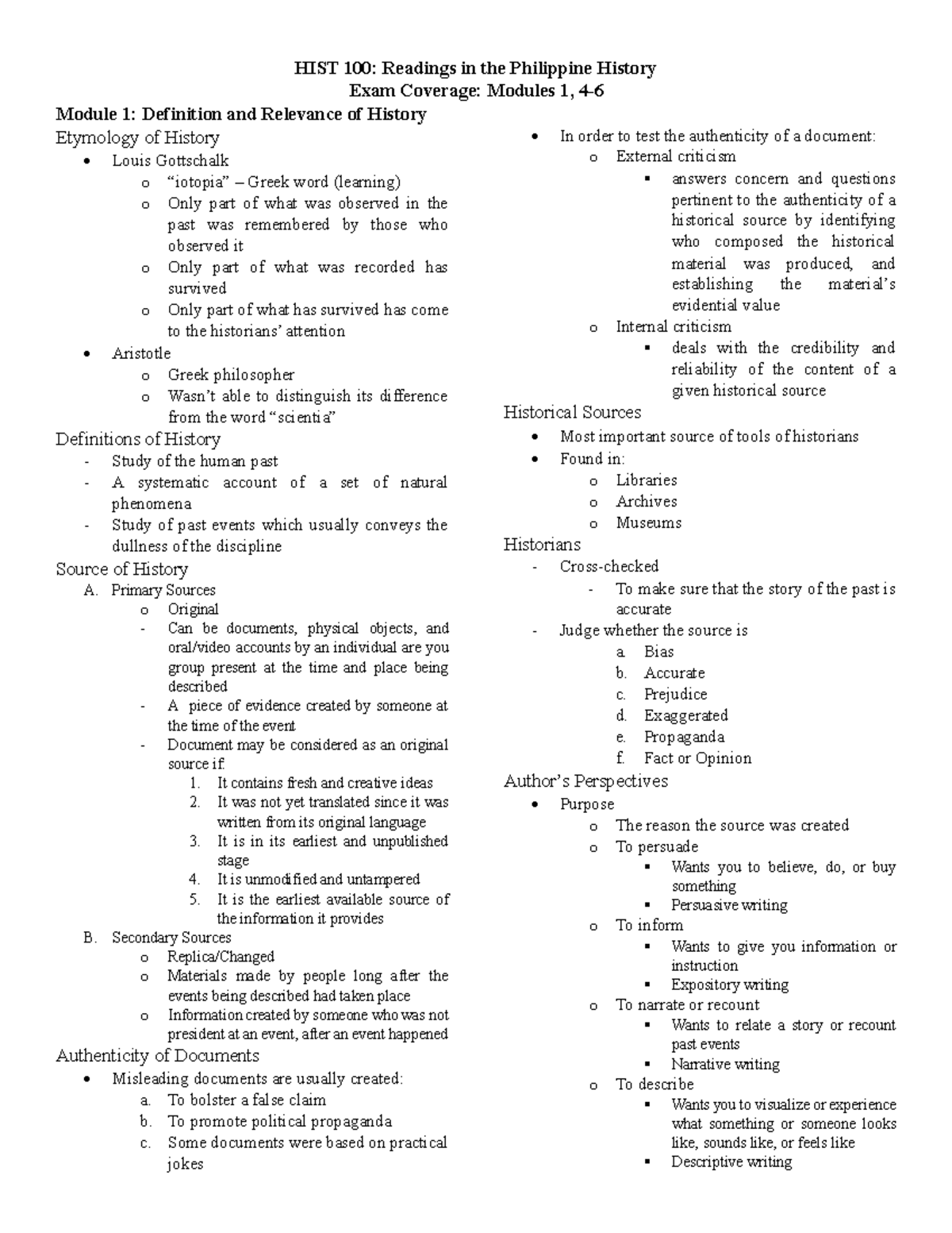 HIST 100 Modules 1 4 6 Reviewer - HIST 100: Readings in the Philippine ...