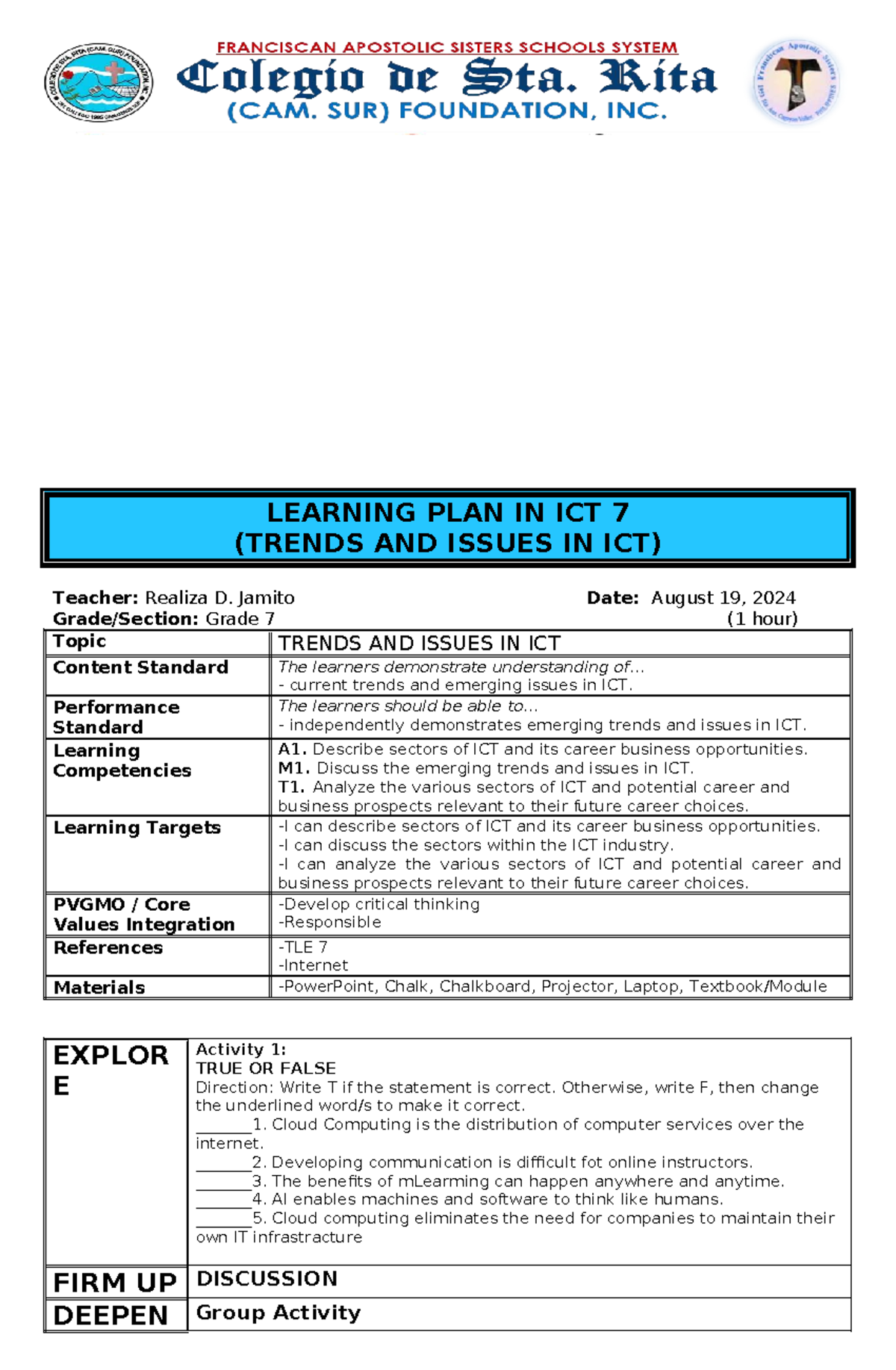 ICT 7 Learning Plan: Trends and Issues in ICT (Aug 2024) - Studocu
