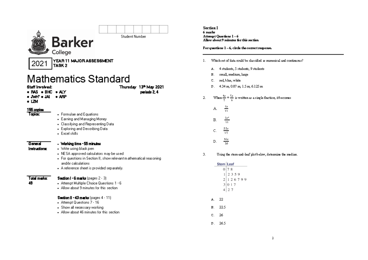 210513 Yr11 Std Assessment 2 & Solutions - Mathematics Standard - Studocu