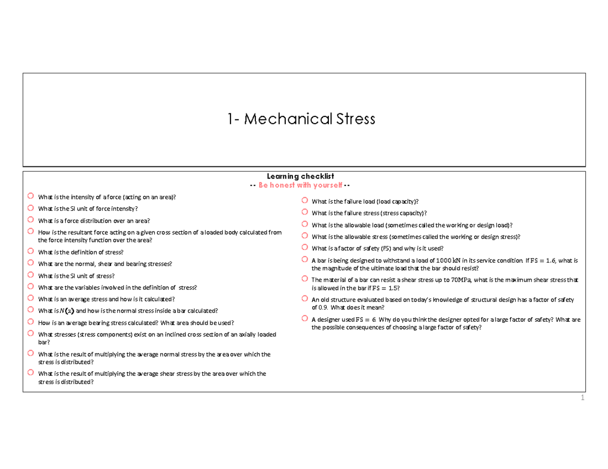 CIV E 270 Mechanical Stress Learning Checklist and Key Concepts - Studocu
