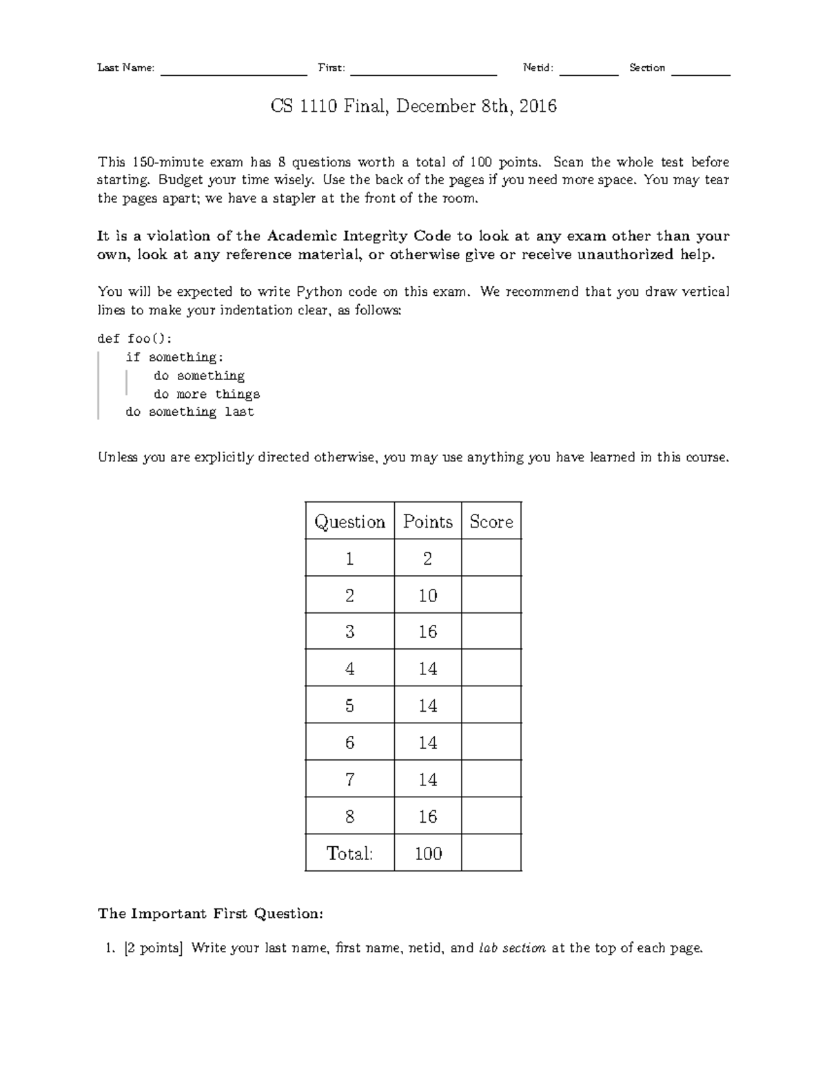 CS 1110 Fall 2016 Final Exam Solutions and Answers - Studocu
