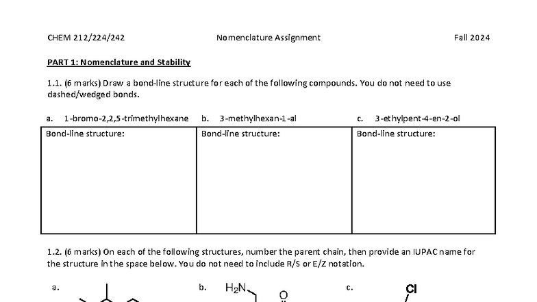 CHEM Nomenclature Assignment Fall 2024: Structures & Stereochemistry ...