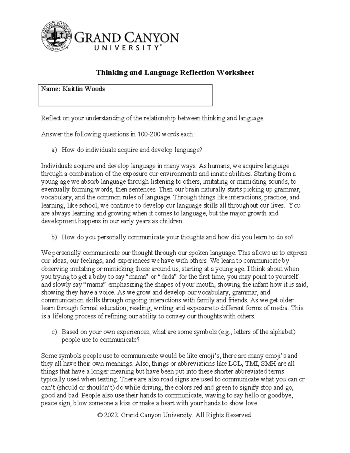 PHI105 - Thinking and Language Reflection Worksheet by Kaitlin Woods ...