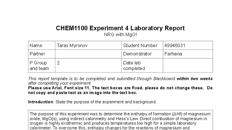 CHEM1100 Experiment 4: Enthalpy of Formation of MgO Lab Report - Studocu