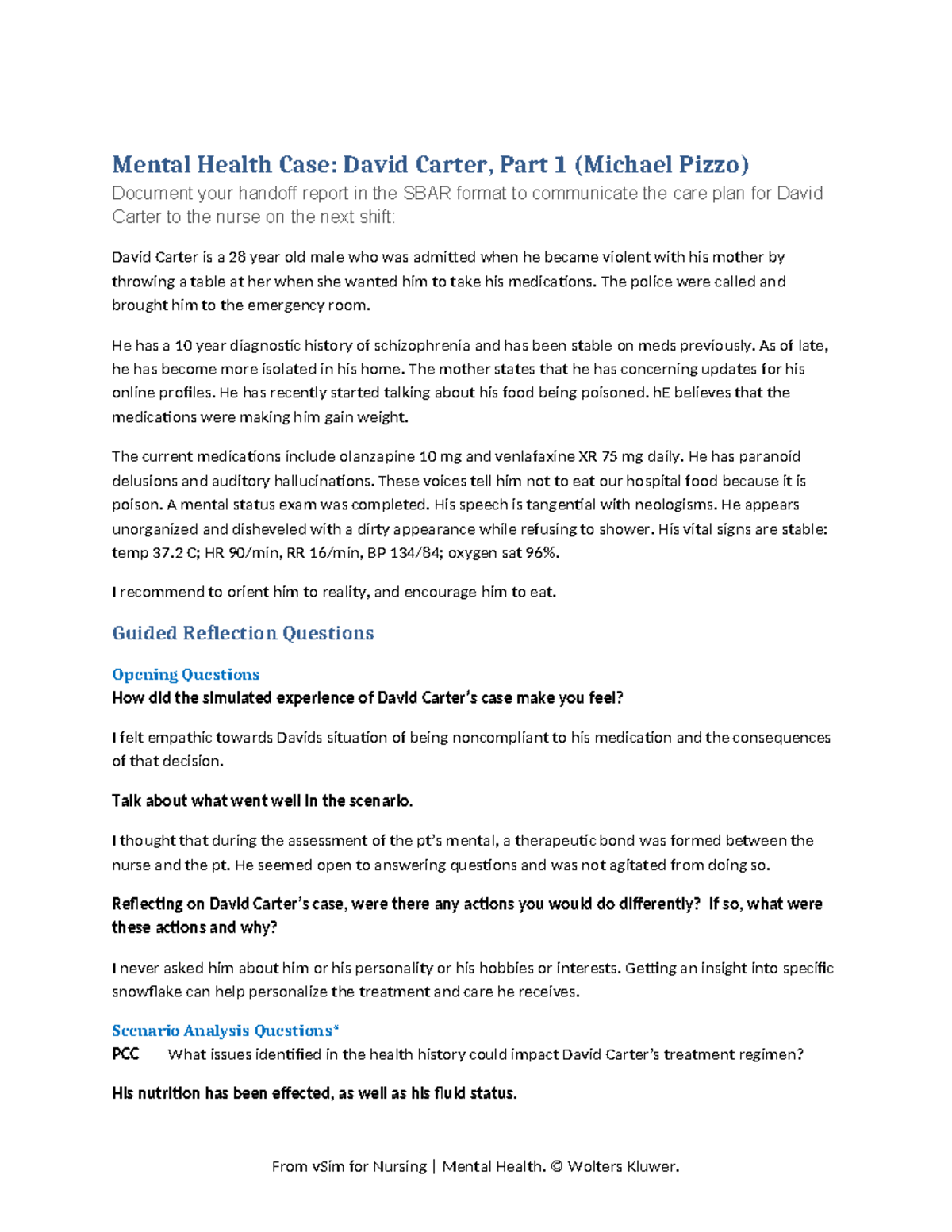 Davidcarterpart 1and SBAR - Mental Health Case: David Carter, Part 1 ...