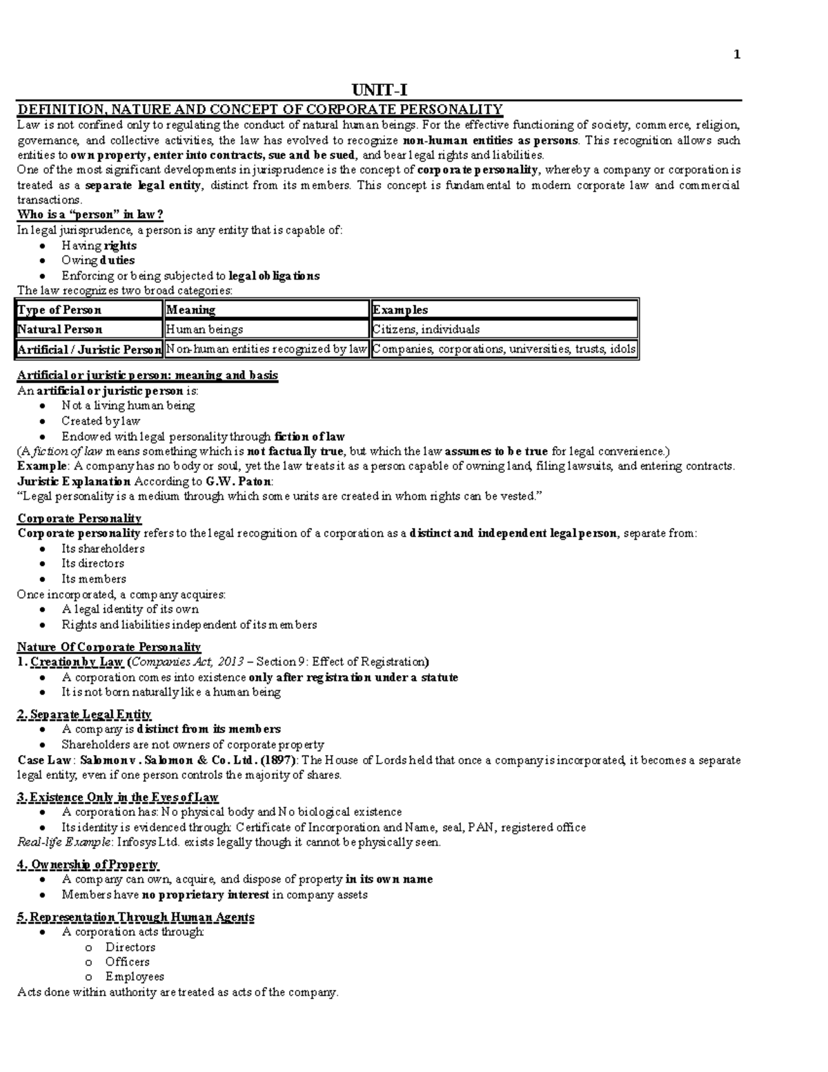 Corporate Personality and Legal Framework: An Overview (Law U1) - Studocu