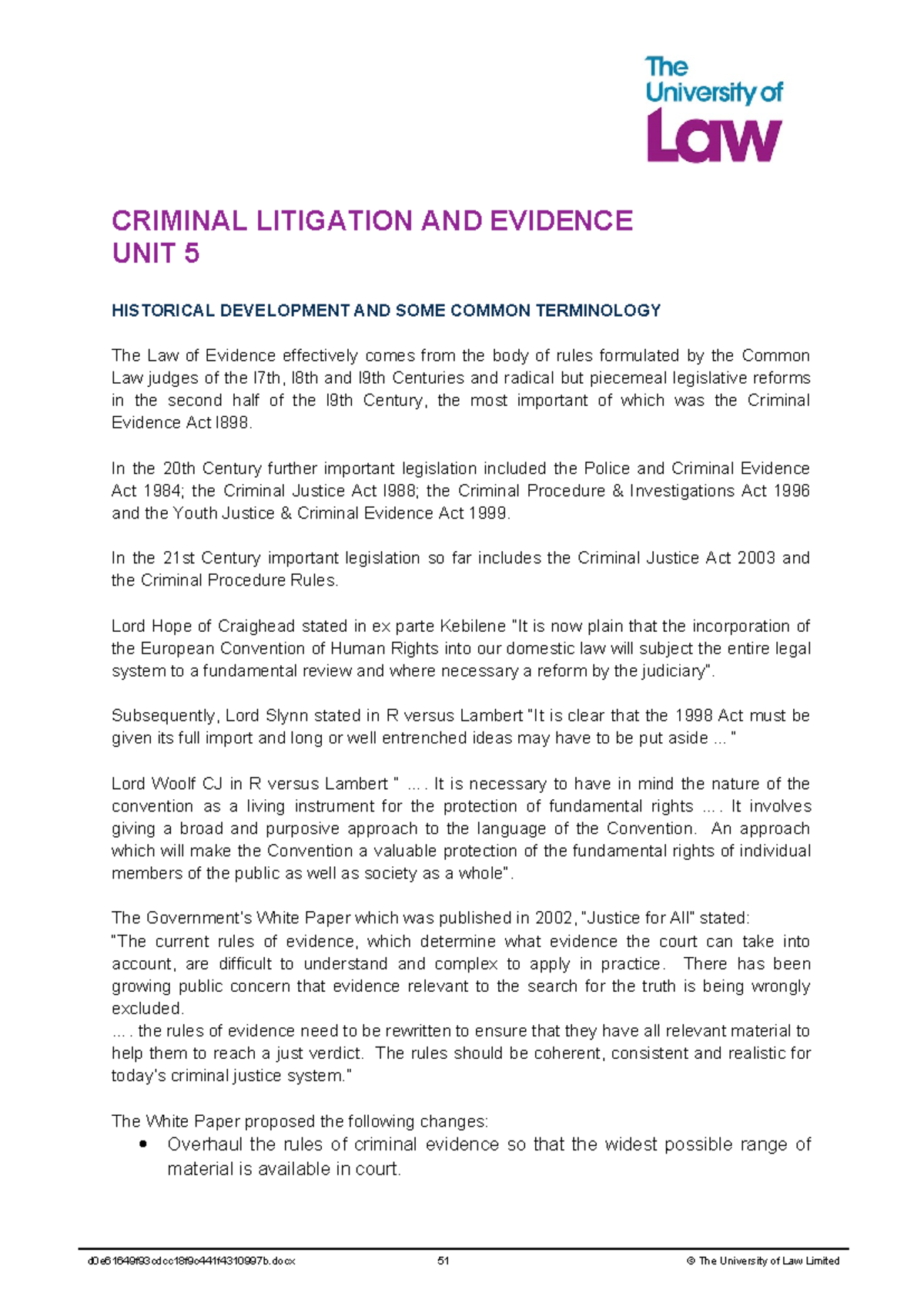 CRIMINAL LITIGATION & EVIDENCE U05A CE01: Historical Development ...