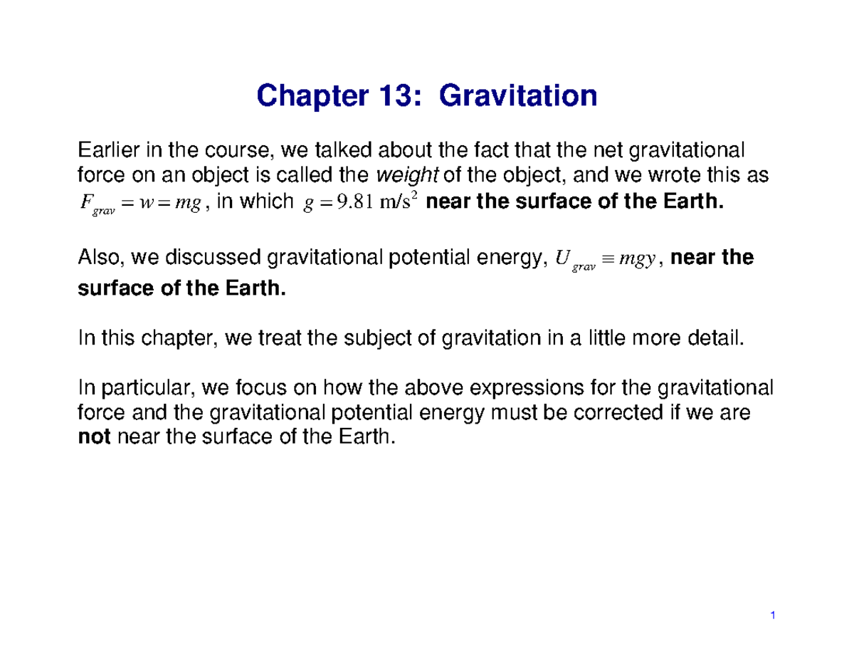 Lecture Notes: Ch 13 - Gravitation and Universal Laws - Studocu
