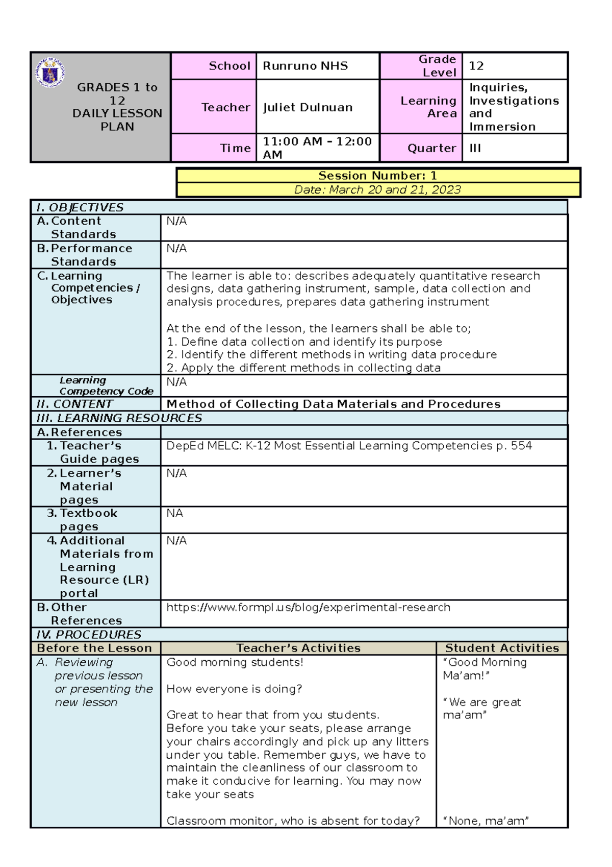 DLP- Data Collection Procedure for Grade 12 STEM Lesson Plan - Studocu