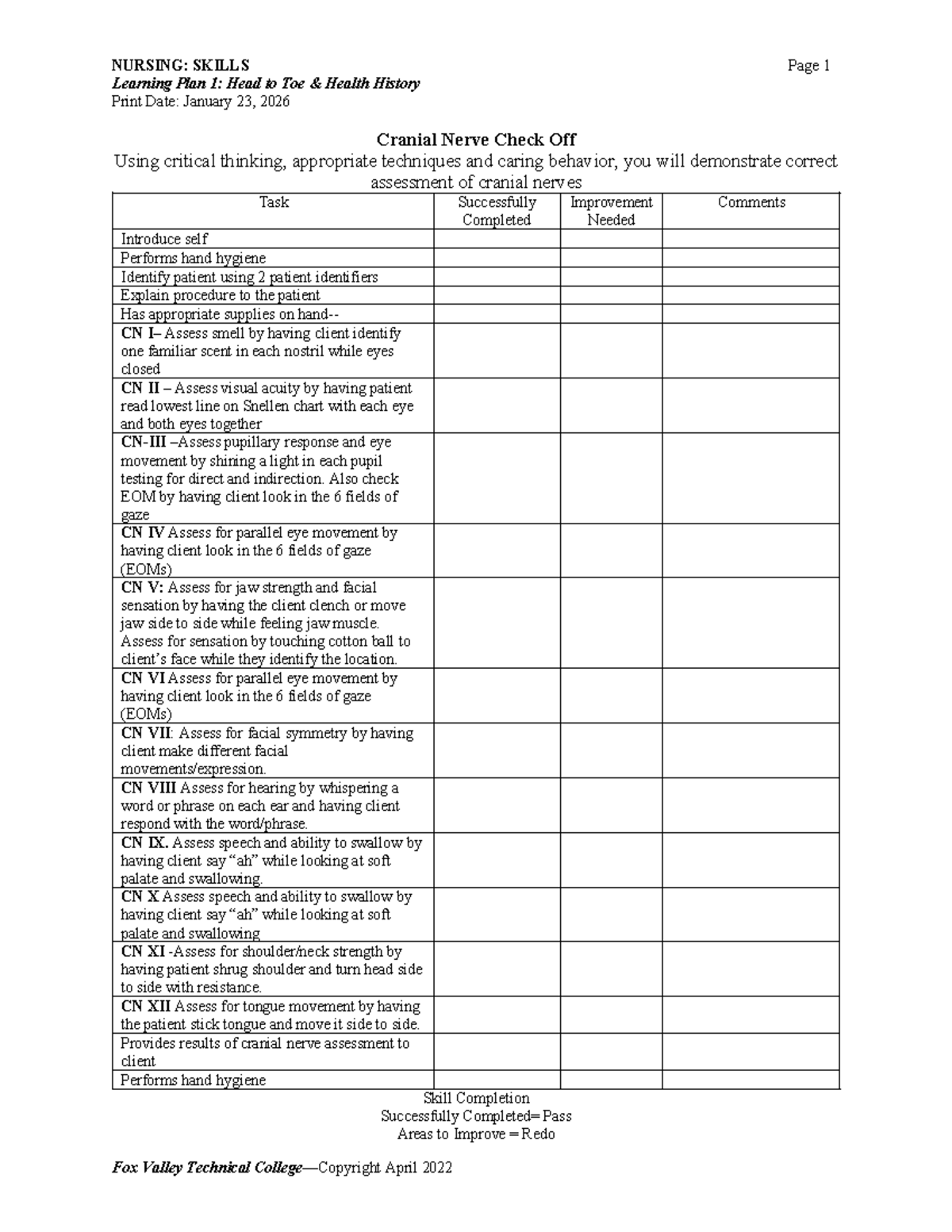 NURSING: Skills Learning Plan 1 - Cranial Nerve Assessment - Studocu