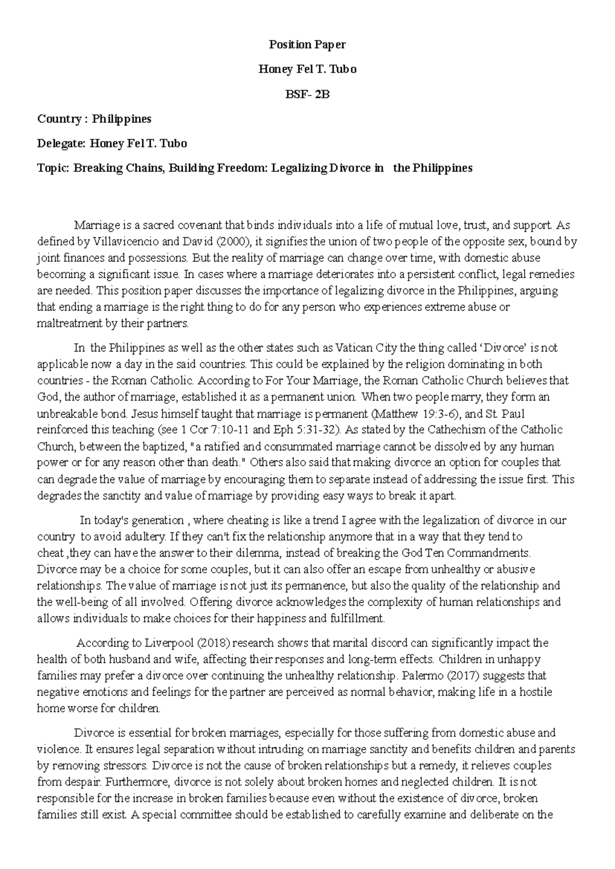 Position Paper: Legalizing Divorce in the Philippines (2B) - Studocu