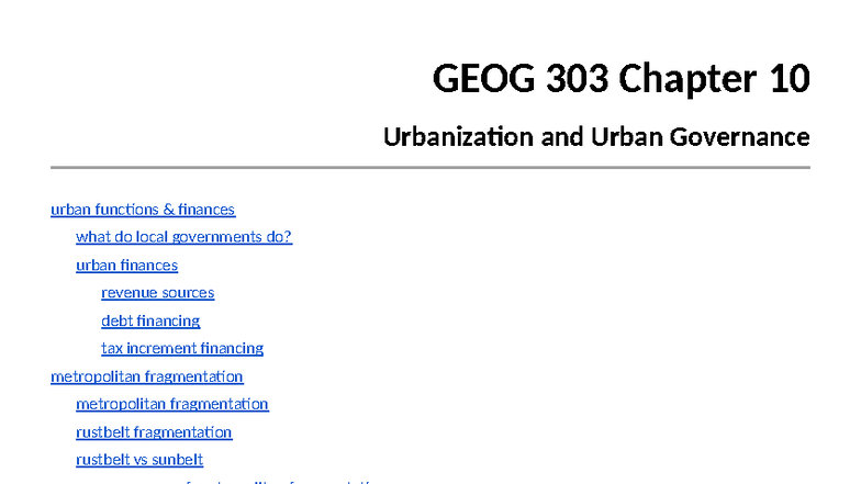 GEOG 303 Chapter 10 Summary: Urbanization & Governance Insights - Studocu