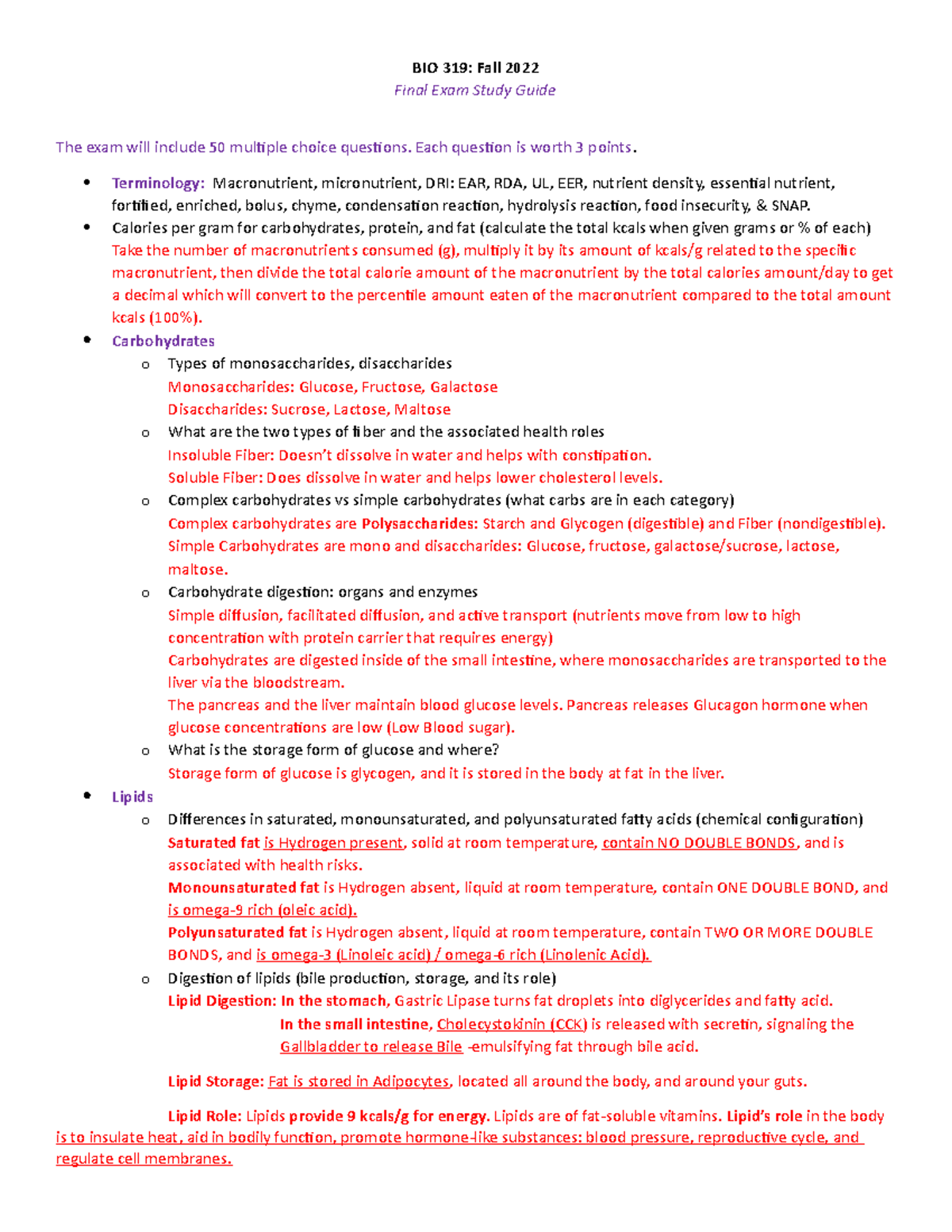 BIO 319 Final Exam Study Guide Overview for Fall 2022 - Studocu