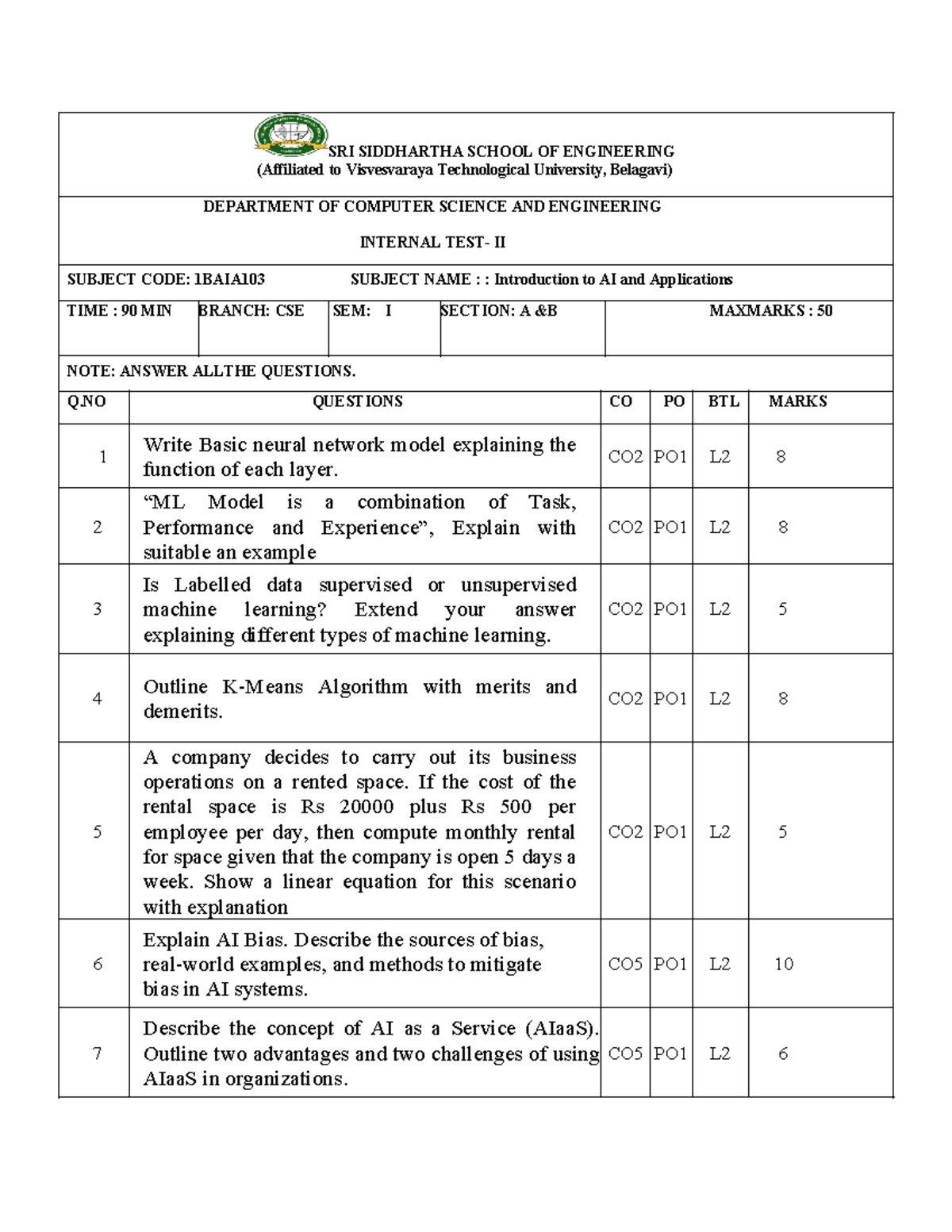 AI Internal II QP-1(B) - 1BAIA103 - Introduction to AI and Applications ...