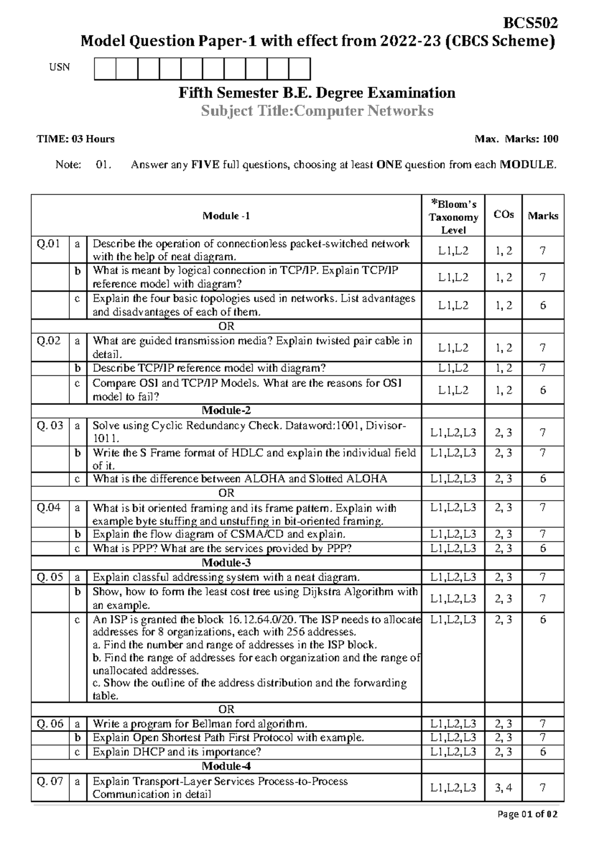 BCS502 Model Question Paper: Computer Networks (CBCS Scheme) - Studocu
