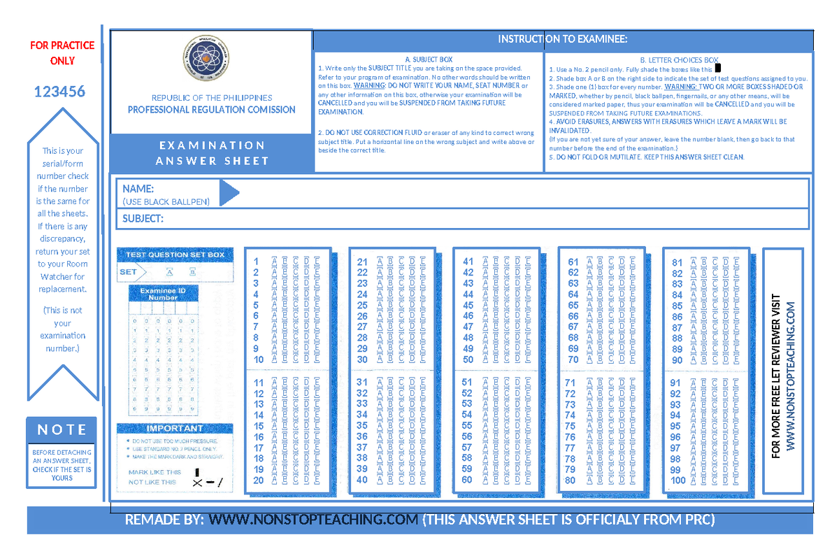 Scantron Answer Sheet Instructions - PRC Exam - Studocu