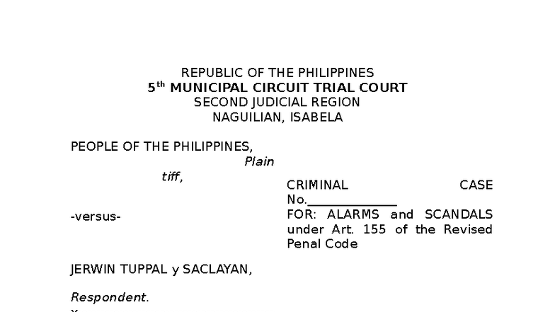 CRIMINAL CASE: Alarms and Scandals - Jerwin Tuppal y Saclayan - Studocu