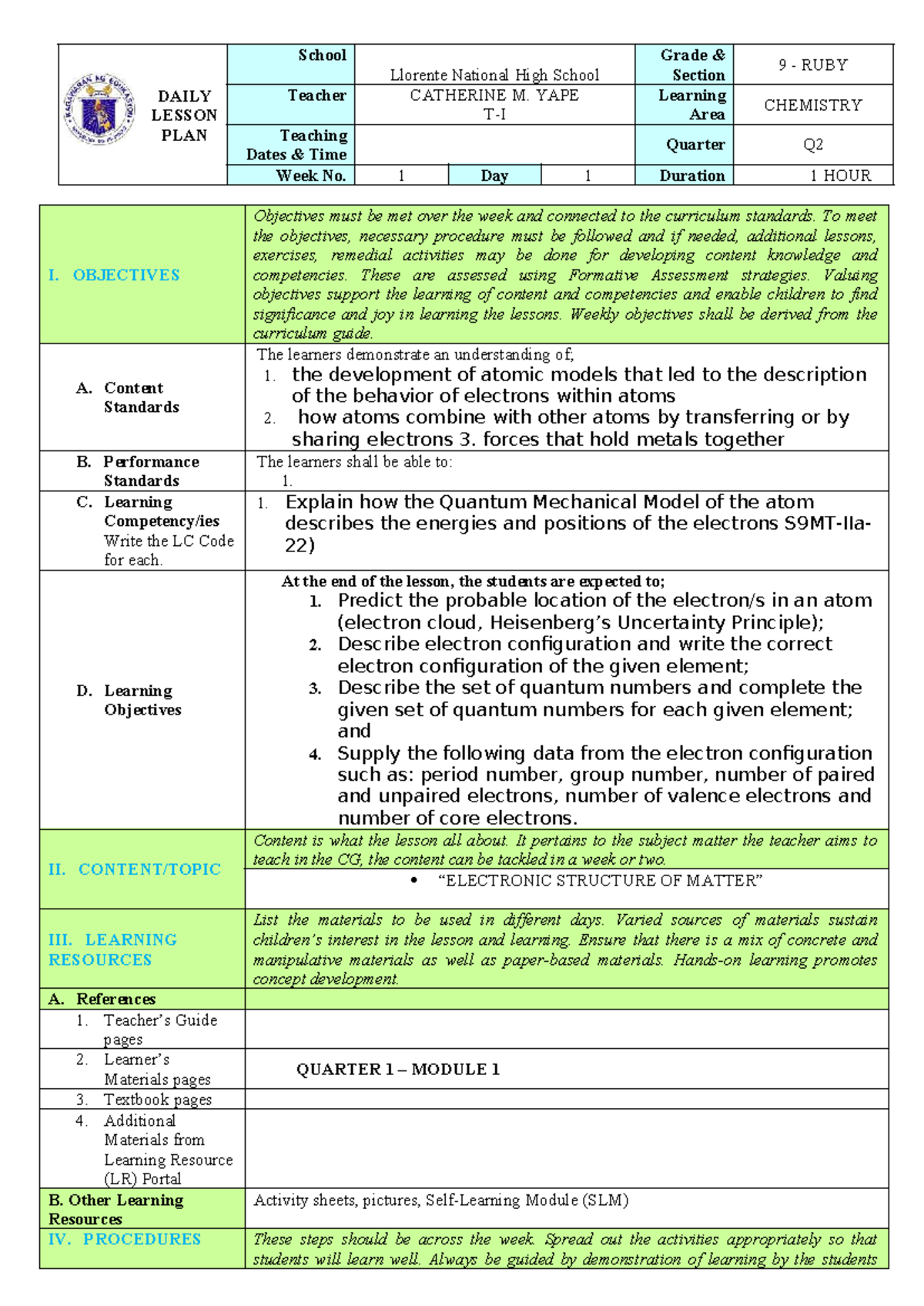 9RU CHEMISTRY Q2 DAILY LESSON PLAN - WEEK 1 & 2 - Studocu