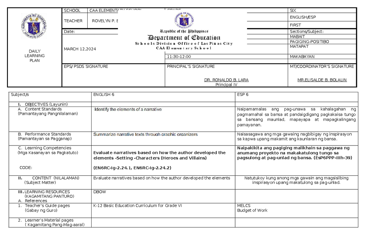 DAILY LEARNING PLAN: ENGLISH 6 (Quarter 1) - CAA School - Studocu